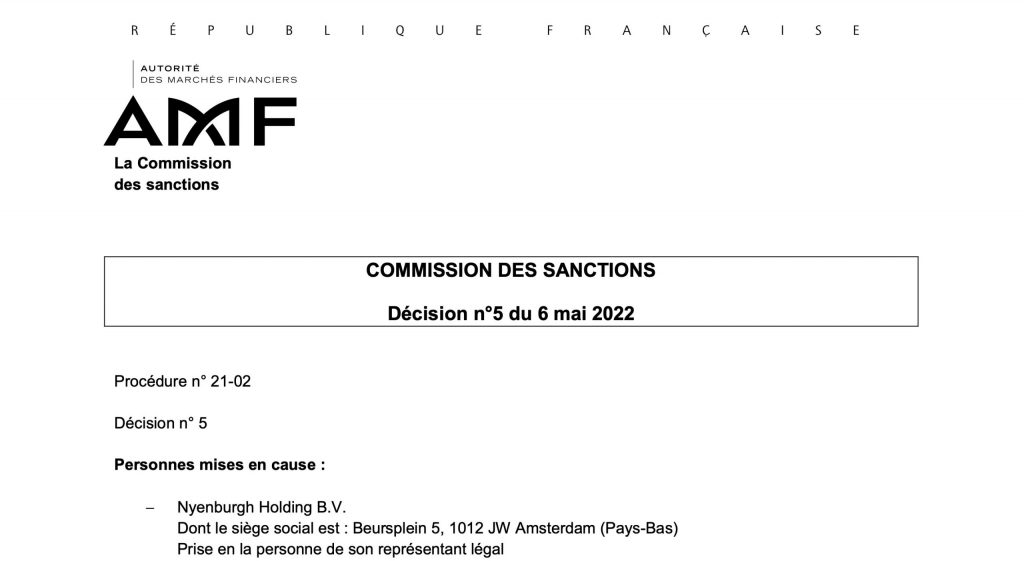 L'AMF sanctionne Nyenburgh Holding B.V, Rob Kamsteeg, Dionisius ...